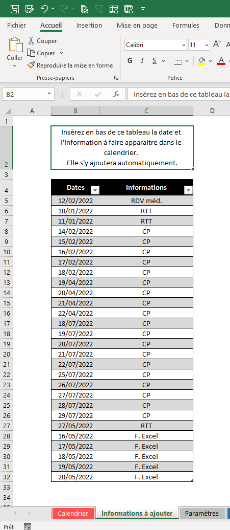 Calendrier Excel automatique - AC&O